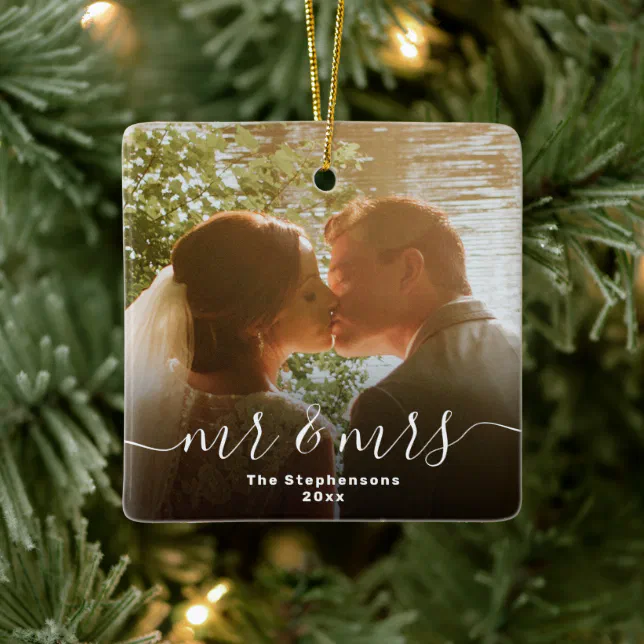 Mr & Mrs Elegant Script Overlay Double Sided Photo Ceramic Ornament ...