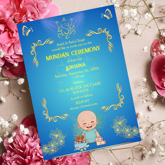 Mundan Ceremony Ganesha Logo Blue Golden Butterfly Invitation | Zazzle