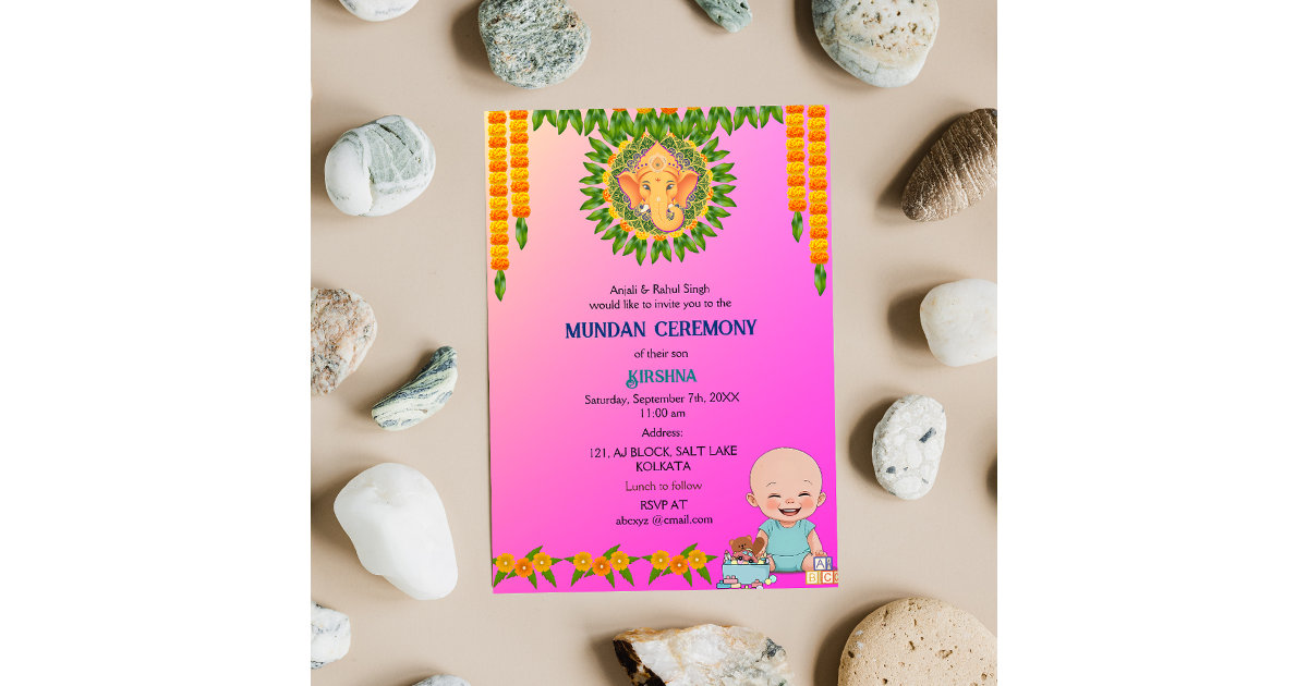 Mundan Ceremony Ganesha Logo Minimal Floral Invitation | Zazzle