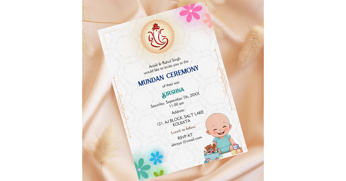Mundan Ceremony Ganesha Logo Minimal Floral Invitation | Zazzle