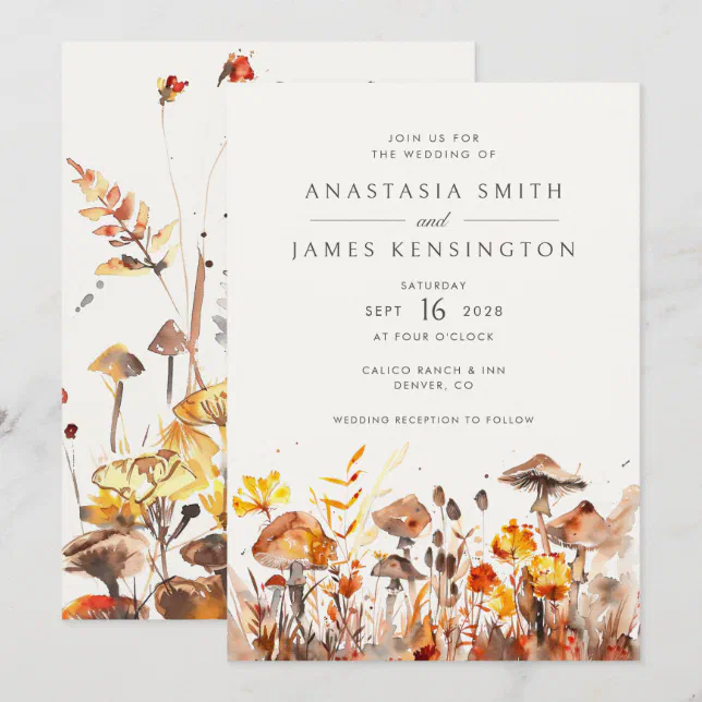 Mushrooms Fall Wild Flowers Rust Wedding Invitation | Zazzle
