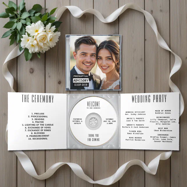 Music CD Album Cover Booklet White Wedding Program Tri-Fold Invitation ...