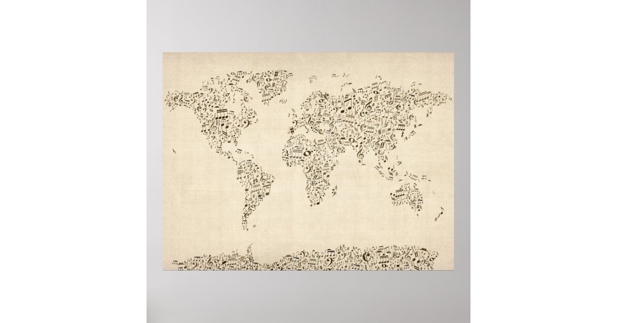 Music Notes Map of the World Poster | Zazzle