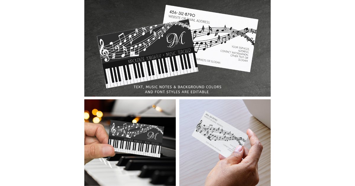 Music Notes Piano Monogram Custom Colour Business Card | Zazzle