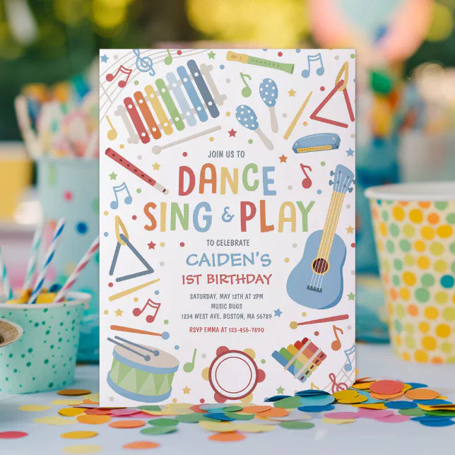 Musical Instrument Sing Dance Play Birthday Party Invitation | Zazzle