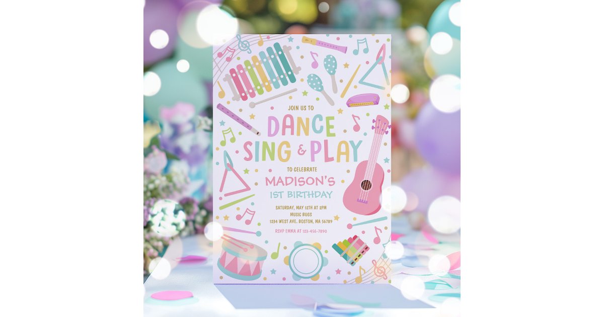 Musical Instrument Sing Dance Play Birthday Party Invitation | Zazzle