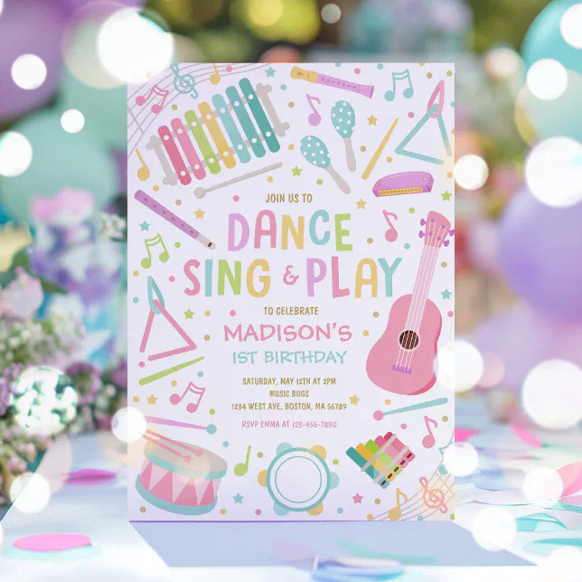 Musical Instrument Sing Dance Play Birthday Party Invitation | Zazzle
