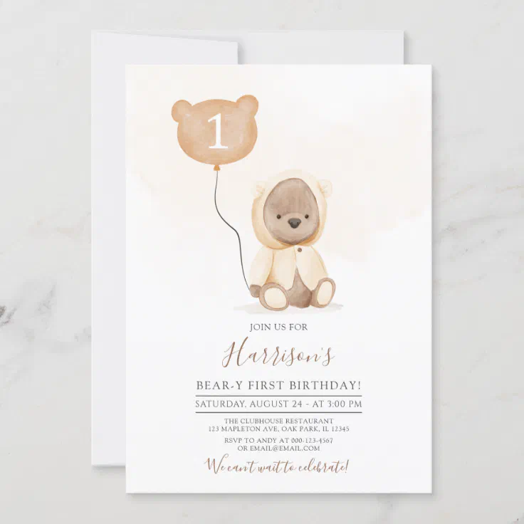 Muted Tones Teddy Bear Beary First Birthday Invitation | Zazzle