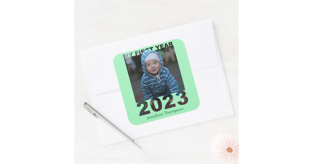 My First Year 2023 Modern Cutout Baby Photo Green Square Sticker | Zazzle