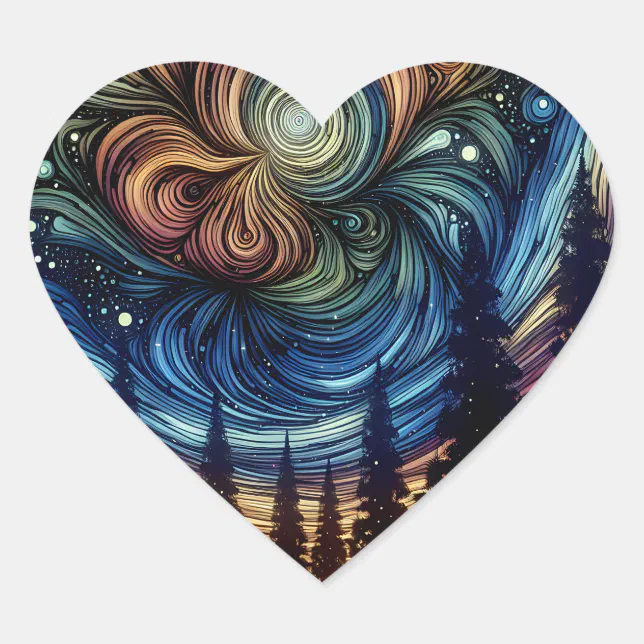 Mystical Ethereal Art with Trees and Night Sky Heart Sticker | Zazzle