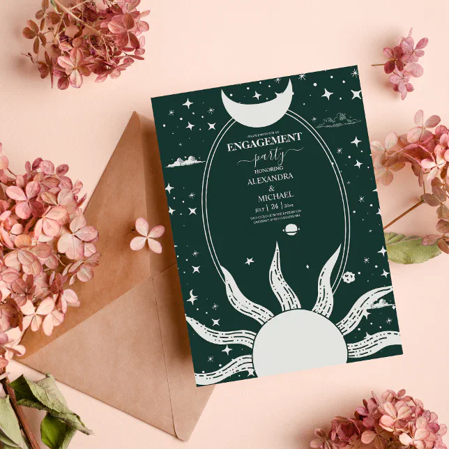 Mystical Silver and Green Sun Moon Wedding Invitation | Zazzle