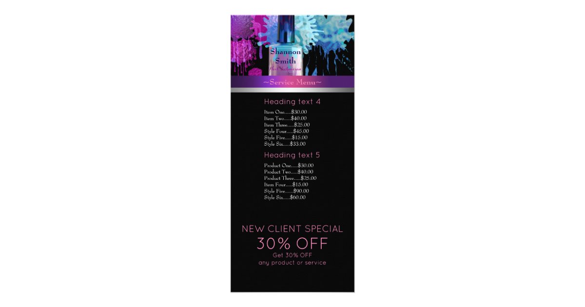 Nail technician colourful splatter- rack card | Zazzle