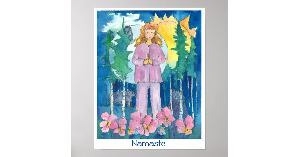 Namaste Yoga Wolf Owl Bear Wildlife Watercolor Poster | Zazzle