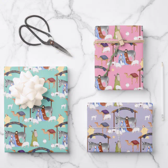 Nativity in pink, blue and purple wrapping paper sheet | Zazzle