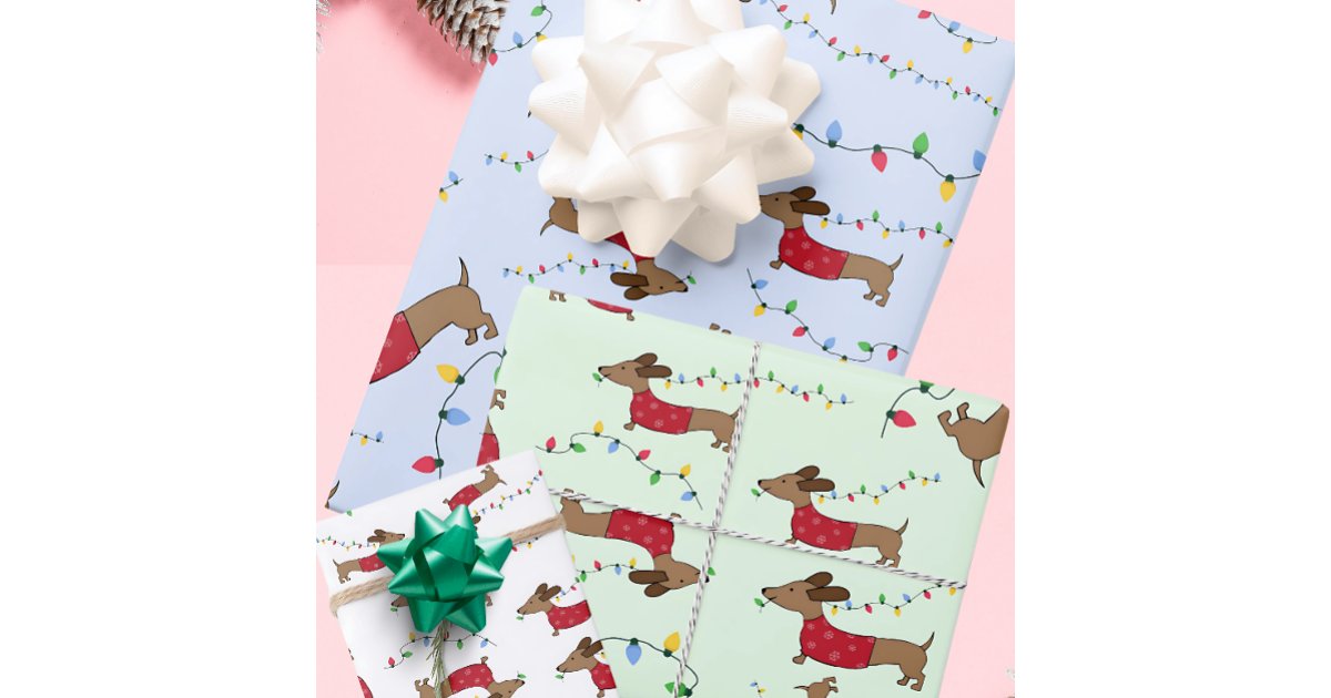 Naughty Wiener Dog Stealing Christmas Tree Lights Wrapping Paper Sheet ...