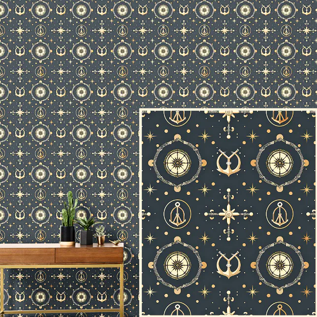 Nautical 0ff-White Anchor & Compass Dark Grey Blue Wallpaper | Zazzle