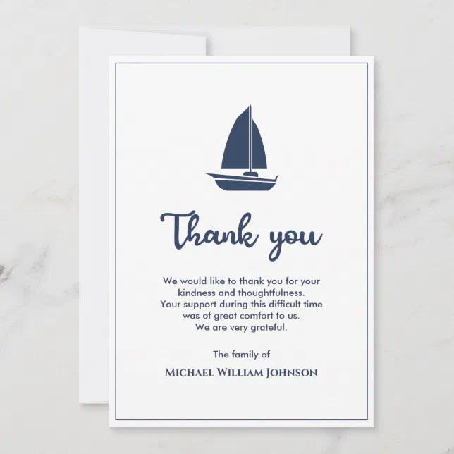 Nautical Blue White Sailboat Sailing Boat Funeral Thank You Card | Zazzle