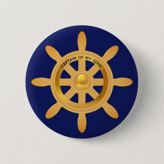Nautical captain golden ship helm on navy blue 6 cm round badge ...