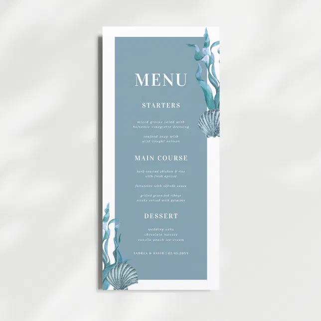 Nautical Coastal Blue Shell Beach Theme Wedding Menu | Zazzle