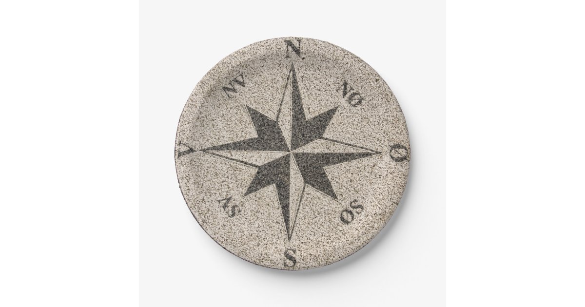 Nautical compass rose on grey granite paper plate | Zazzle