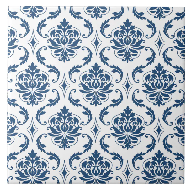 Nautical Navy Blue White Vintage Damask Pattern Tile | Zazzle