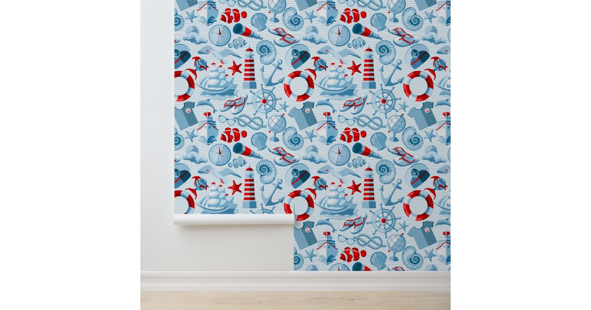 Nautical Red White And Blue Pattern Wallpaper | Zazzle