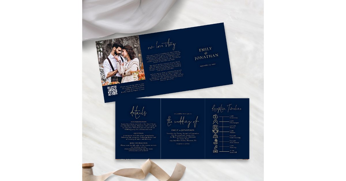 Navy and Gold Photo QR Code Timeline Wedding Tri-Fold Invitation | Zazzle