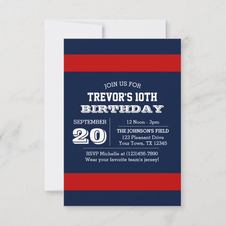 Navy Blue and Red Team Birthday Invitation | Zazzle