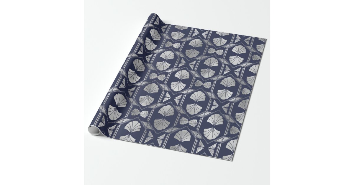 Navy Blue and Silver Art Deco Shell Pattern Wrapping Paper | Zazzle