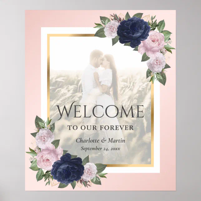 Navy Blue Blush Gold Floral Wedding Welcome Sign | Zazzle
