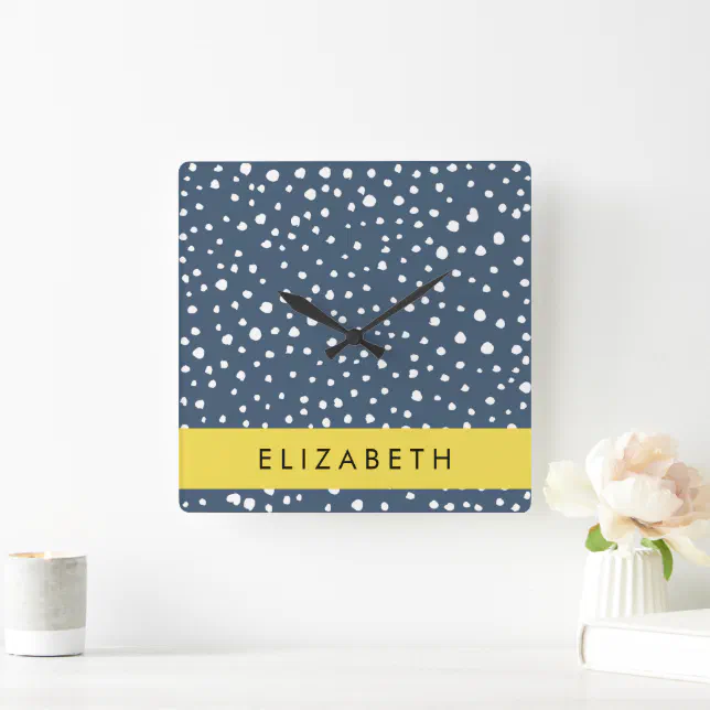 Navy Blue Dalmatian Dots, Spots, Dotted, Your Name Square Wall Clock ...