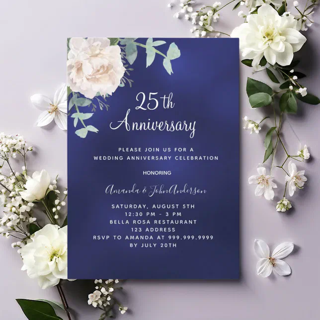 Navy blue floral greenery 25th wedding anniversary invitation | Zazzle