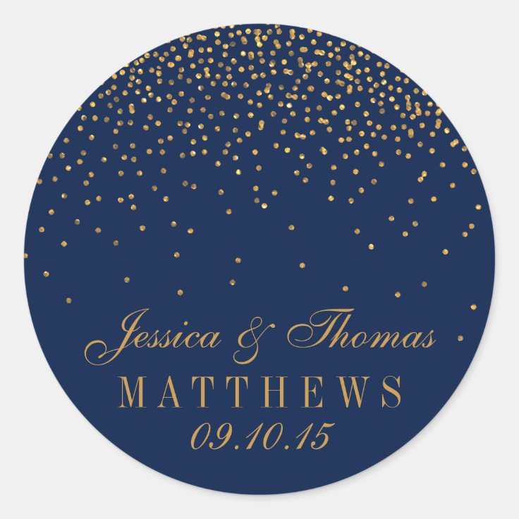 Navy Blue & Glam Gold Confetti Wedding Favour Classic Round Sticker ...