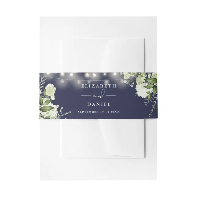 Navy Blue Greenery String Lights Wedding Invitation Belly Band | Zazzle