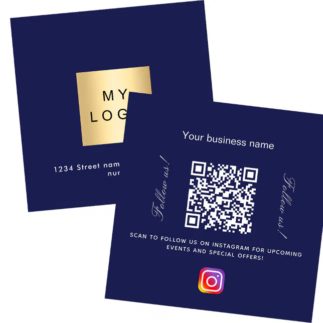 Navy blue logo QR code Instagram follow us Square Business Card | Zazzle