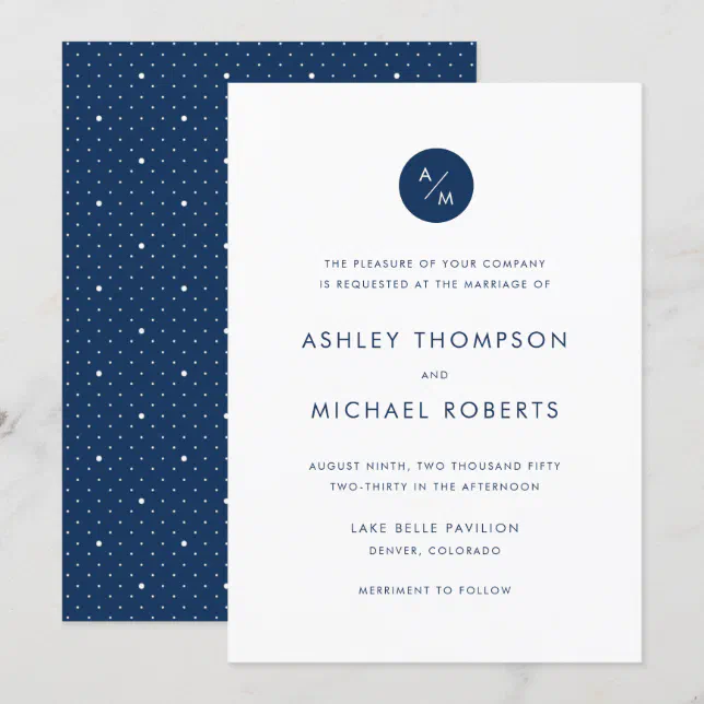 Navy Blue Minimalist Modern Monogram Wedding Invitation | Zazzle