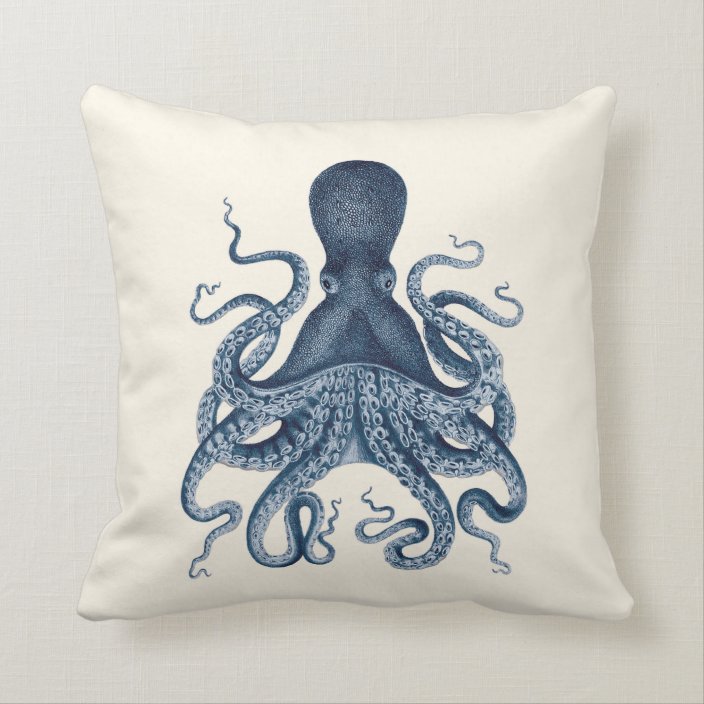 Navy Blue Octopus Illustration on Cream Cushion | Zazzle.co.uk