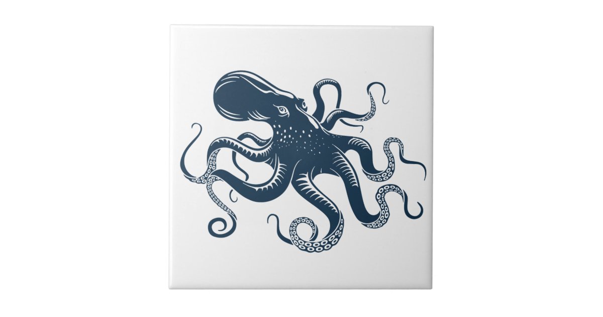 Navy blue octopus nautical illustration tile | Zazzle