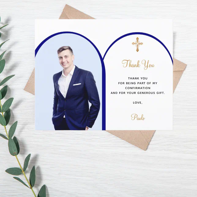 Navy blue photo arch Confirmation Thank You card | Zazzle