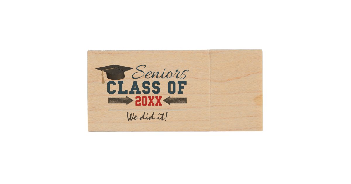 Navy Blue Red Typography Graduation USB Wood USB Flash Drive | Zazzle