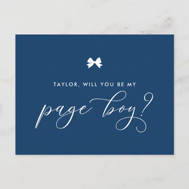 Navy Blue Ribbon Bow Will You Be My Page Boy Card | Zazzle