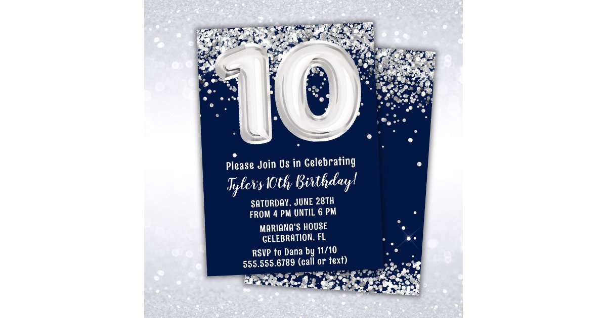 Navy Blue Silver 10th Birthday Party Invitation | Zazzle
