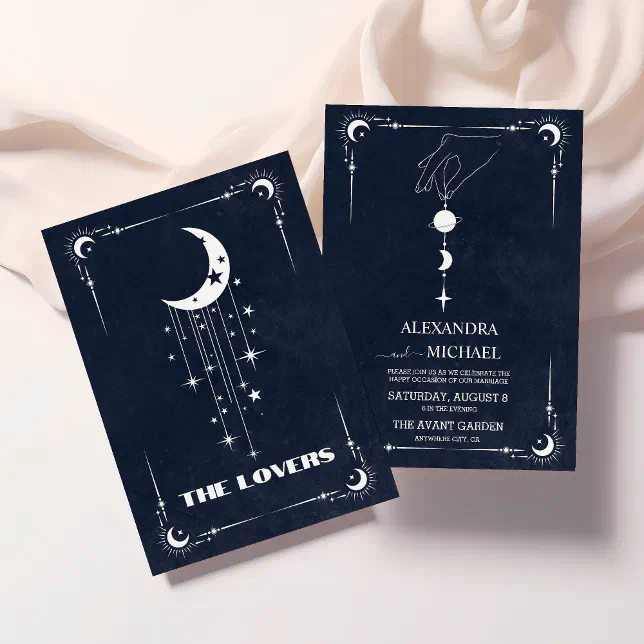 Navy Blue Tarot The Lovers Wedding Invitation | Zazzle