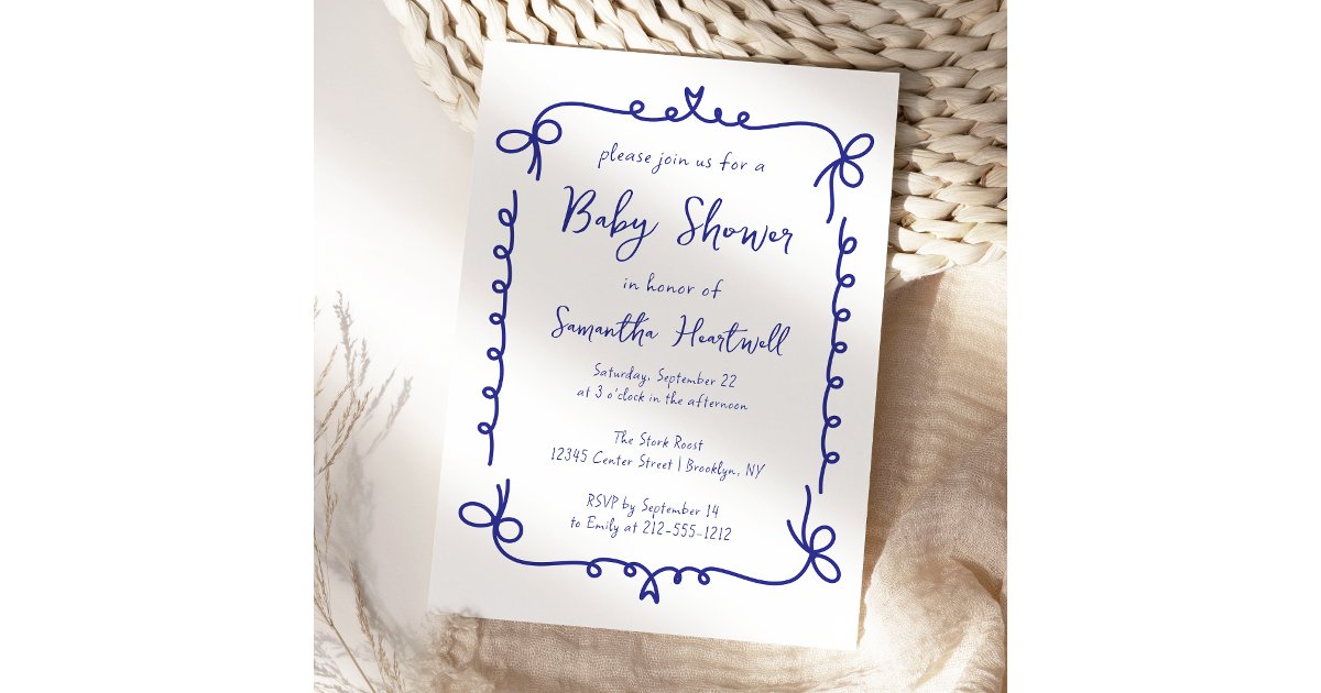 Navy Blue Whimsical Handwritten Boy Baby Shower Invitation | Zazzle