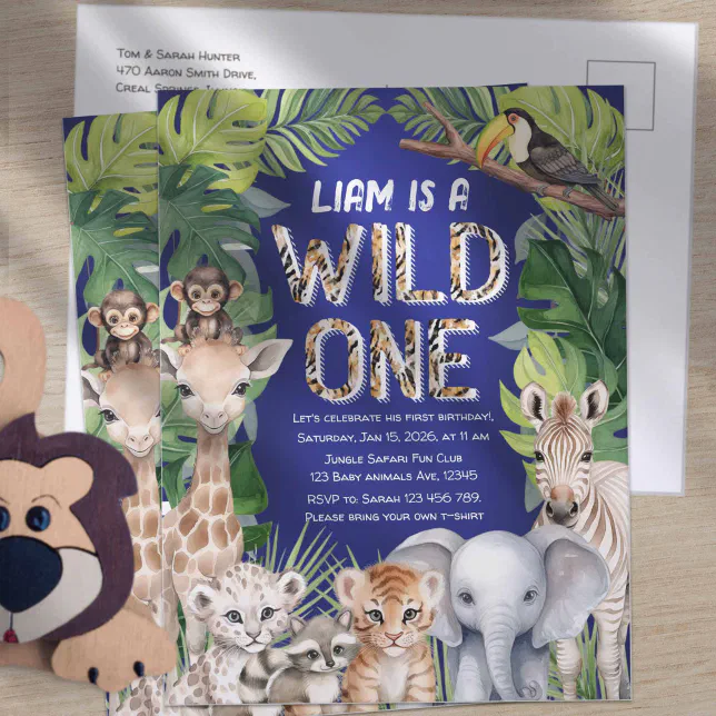 Navy blue Wild one, Jungle animals 1st birthday Invitation Postcard ...