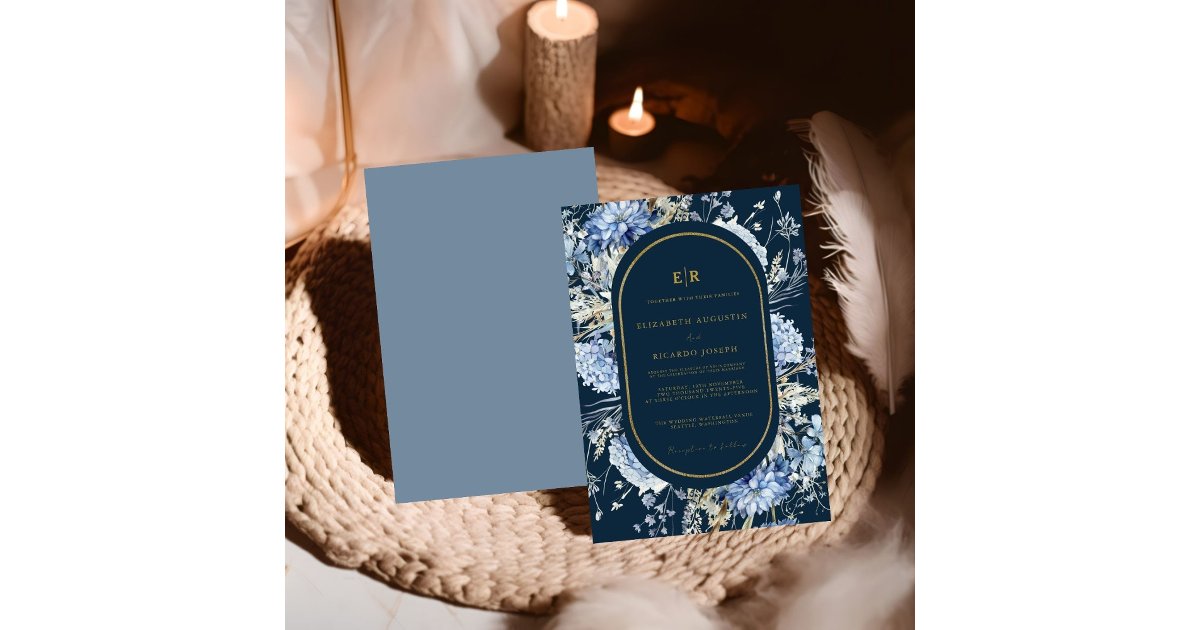 Navy Dusty Blue Gold Floral Spring Bloom Wedding Invitation | Zazzle