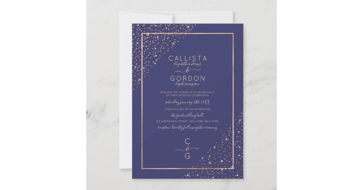 Navy Gold Glitter Confetti Corners Border Wedding Invitation | Zazzle