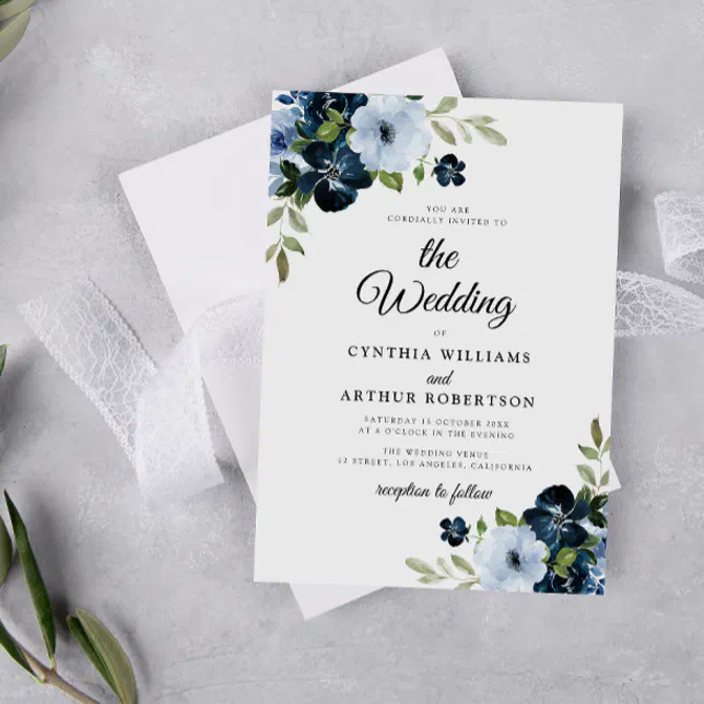 Navy light blue flowers script wedding invitation | Zazzle