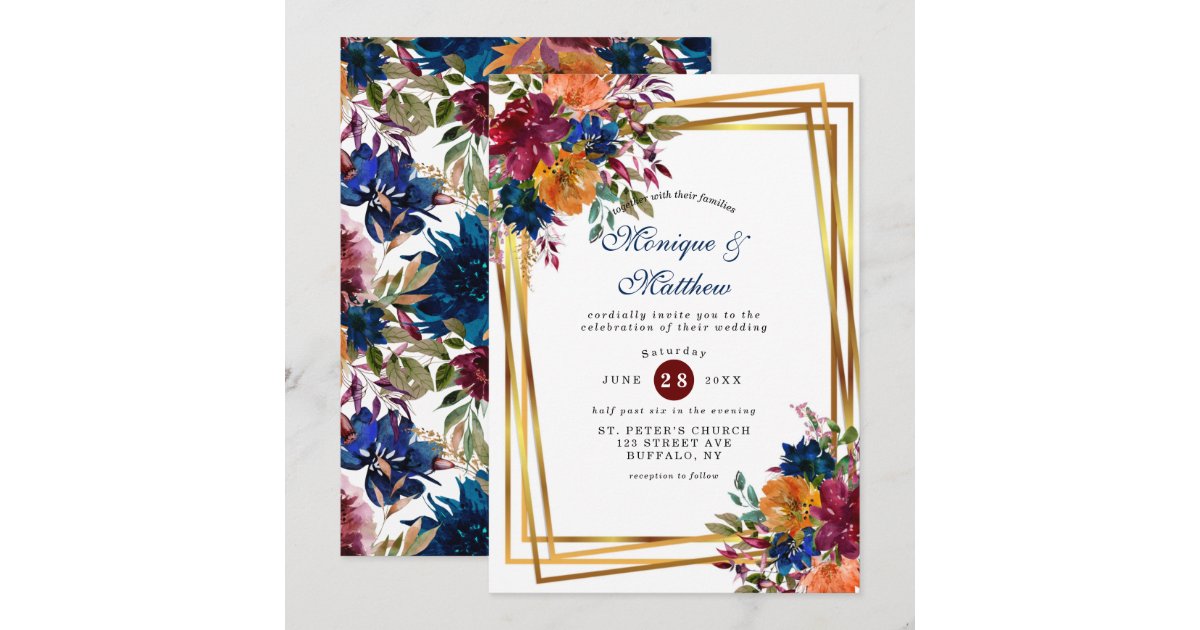 Navy Marsala Orange Floral Gold Geometric Wedding Invitation | Zazzle