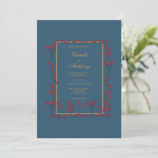 Navy Red Gold Floral Border Wedding Invitation | Zazzle